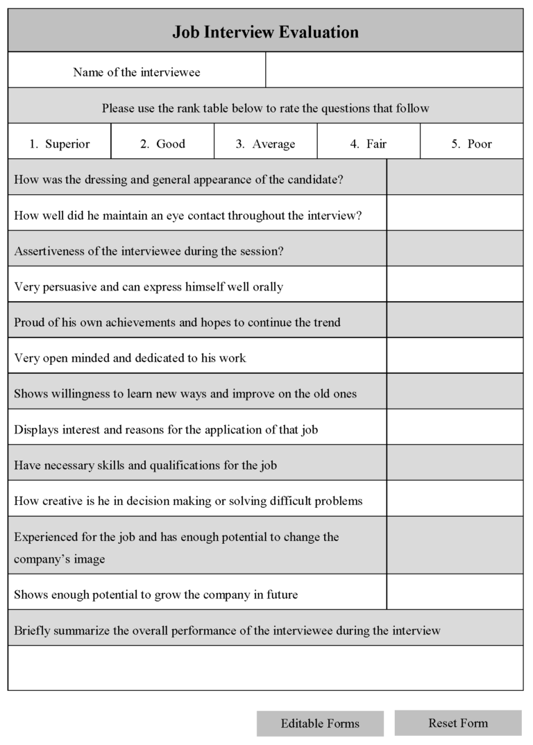 Job Interview Evaluation Form Editable Forms - EvaluationForm.net Job Interview Evaluation Form Editable Forms - EvaluationForm.net
