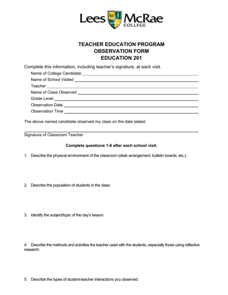 Microsoft Word Teacher Ed Observation Form Doc - EvaluationForm.net Microsoft Word Teacher Ed Observation Form Doc - EvaluationForm.net